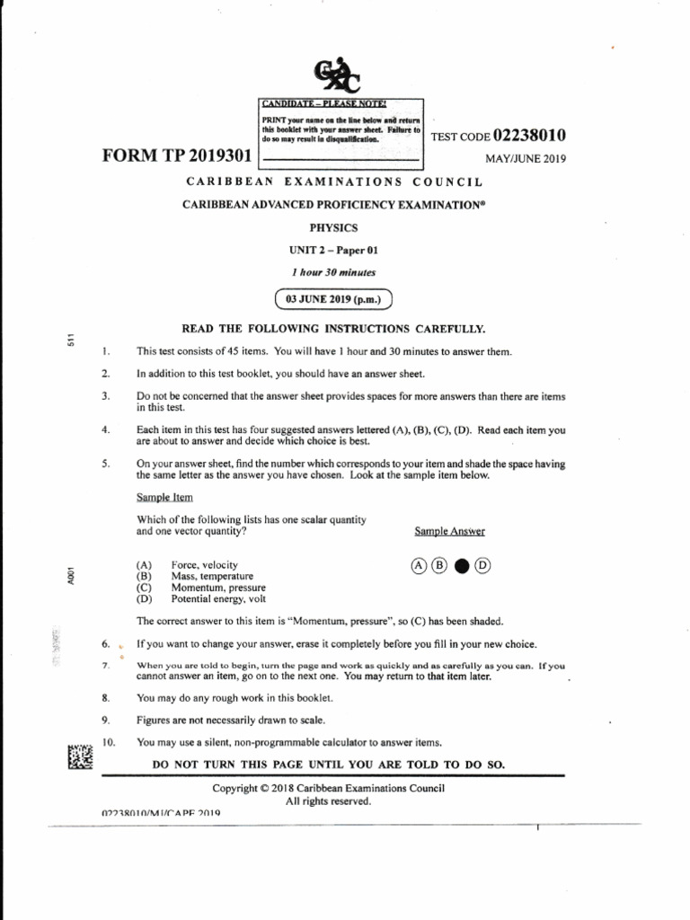 Cape Physics U2 P1 May-June 2019 With Answers | PDF