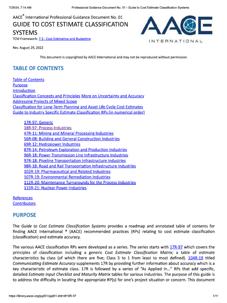 AACE Guide To Cost Estimate Classification Ystems | PDF