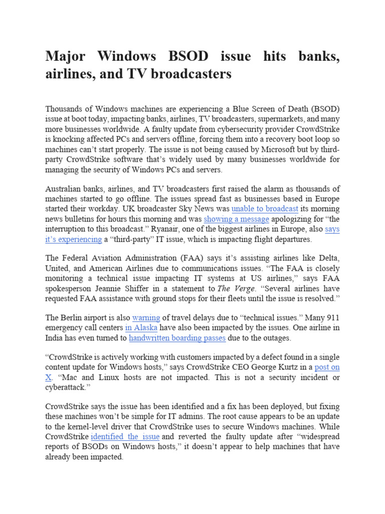 Major Windows BSOD Issue Hits Banks | PDF | Microsoft Windows ...