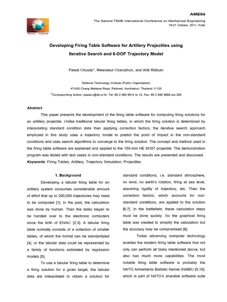 Developing Firing Table Software For Artillery Projectiles Using