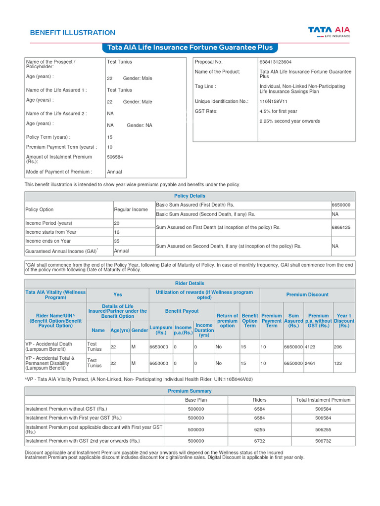 Tata AIA Life Insurance Policy Details | PDF | Insurance | Financial ...