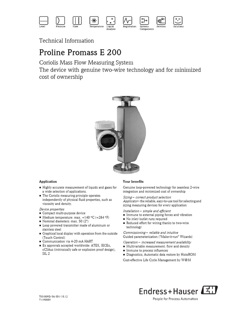 Proline Promass E 200: Technical Information | PDF | Direct Current | Density