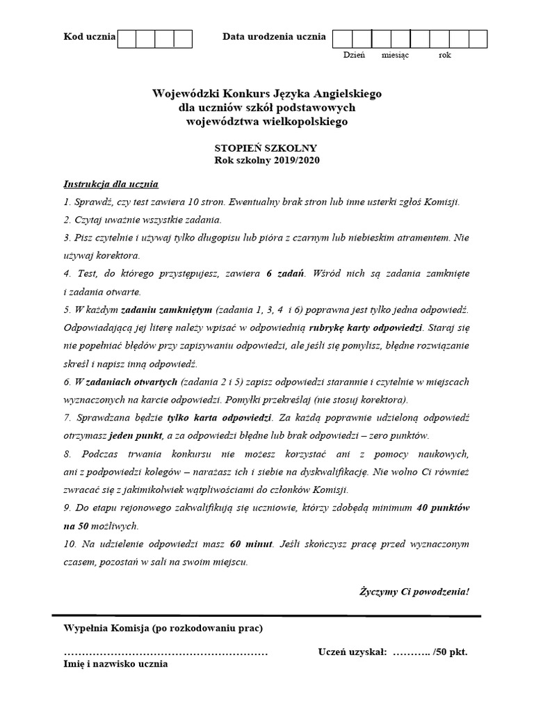 Angielski Konkurs Materialy Komplet 2019 2020 2 | PDF