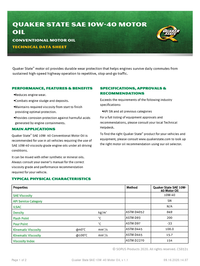 Quaker State SAE 10W-40 Motor Oil | PDF | Motor Oil | Liquids