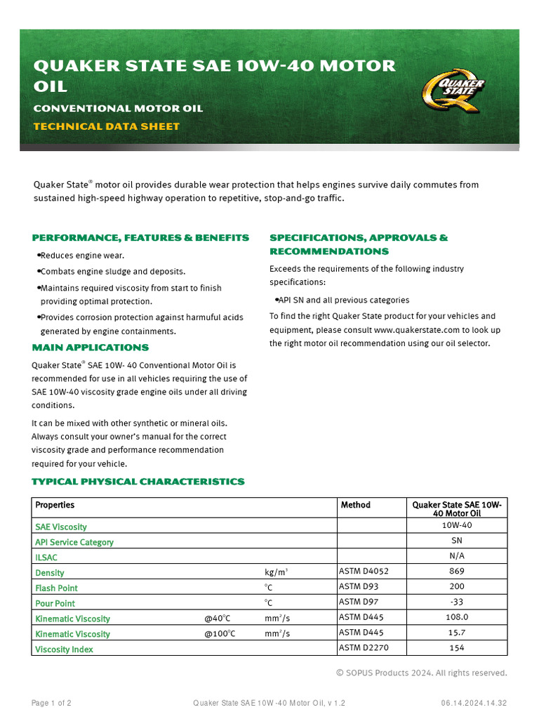 Quaker State SAE 10W-40 Motor Oil | PDF | Motor Oil | Oils