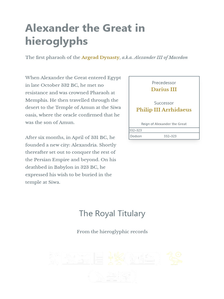 Alexander The Great in Hieroglyphs - Pharaoh - Se | PDF | Alexander The ...