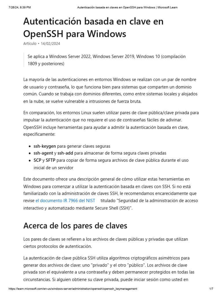 Autenticación Basada en Claves en OpenSSH para Windows - Microsoft Learn | PDF | Autenticación ...