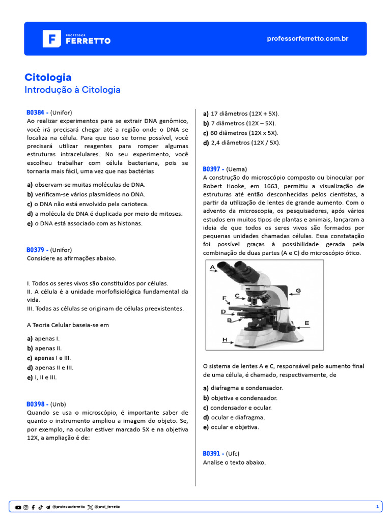 Questions Biologia Citologia Introducao-A-Citologia | PDF | Célula ...
