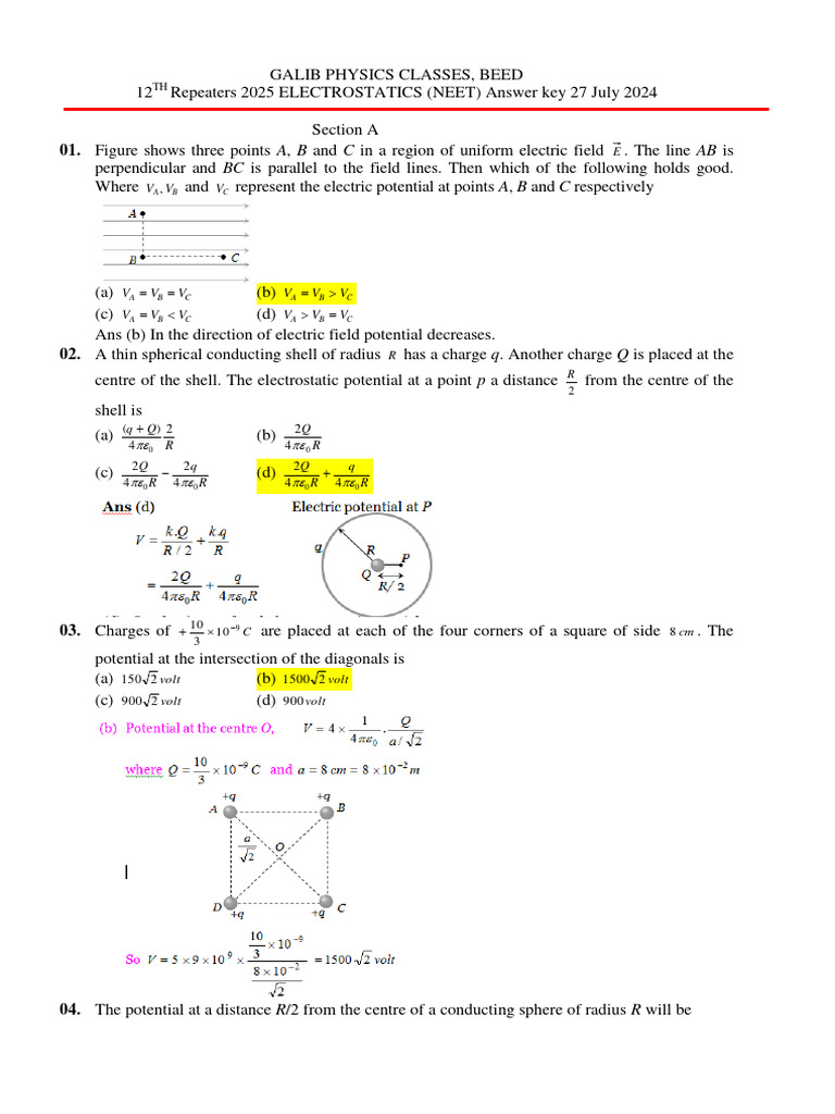 07) Electrostatics_ NEET REPEATER _ 27_July_ 2024 Answer Key | PDF | Electronvolt | Force