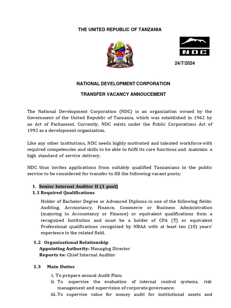 20242507401739tangazo La Kazi La NDC - Mohamed 2 | PDF | Internal Audit | Procurement