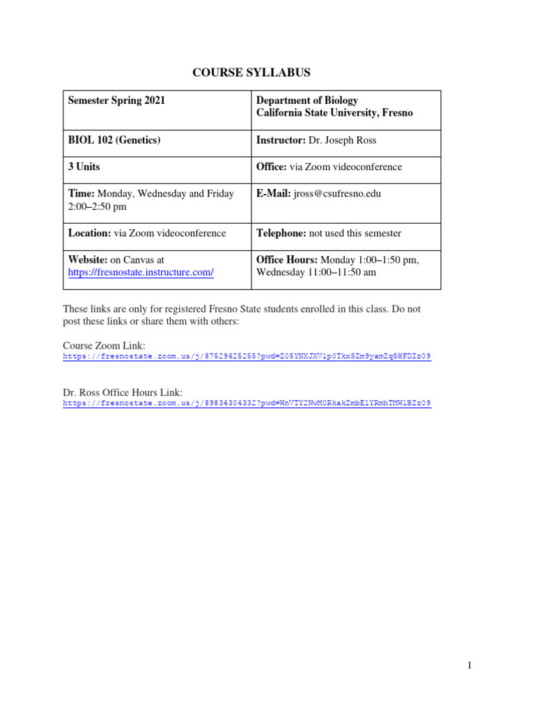 S21 BIOL 102 Syllabus | PDF | Gene | Genetic Linkage S21 BIOL 102 Syllabus | PDF | Gene | Genetic Linkage