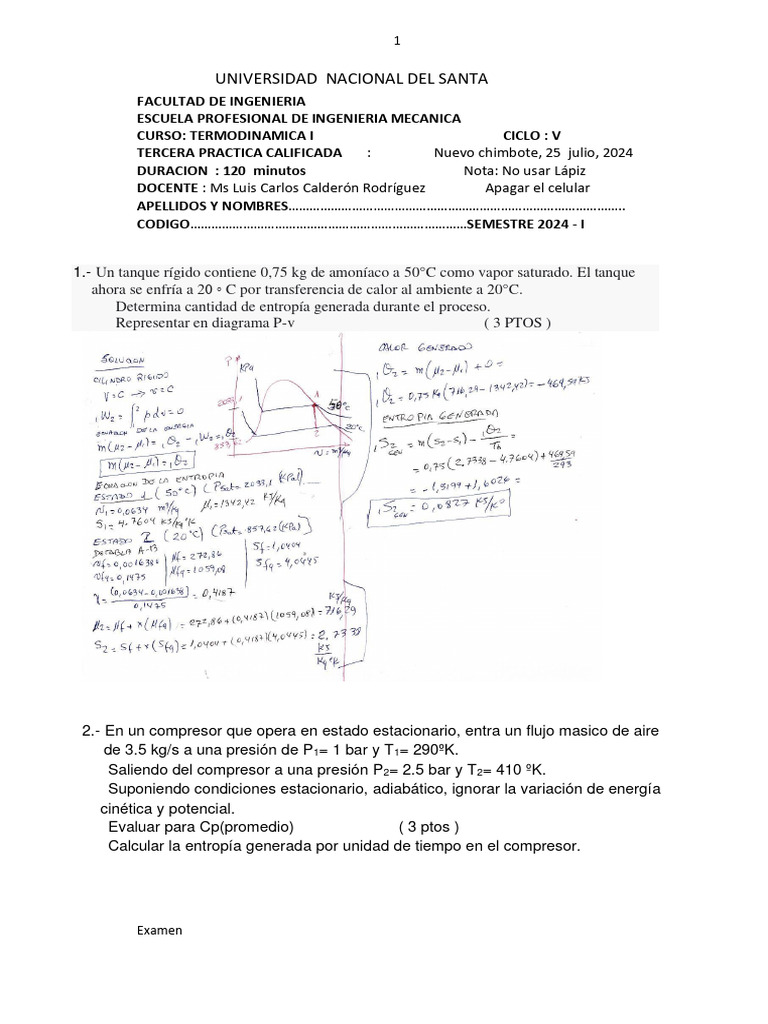 TERCERA Practica calificada termodinamica desarrollada - bbbbb | PDF | Temperatura | Calor