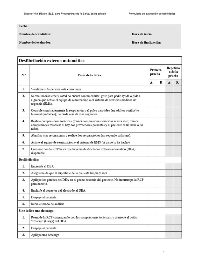 BLS6e Skill Evaluation Form Automated External Defibrillation | PDF ...