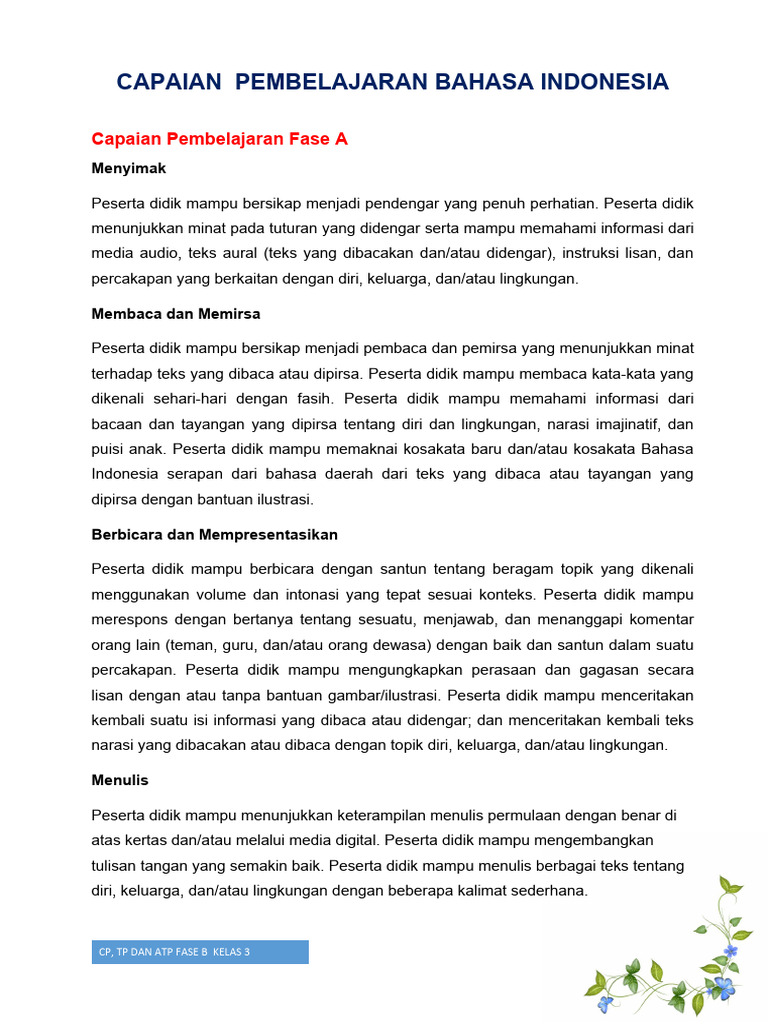 Capaian Pembelajaran Bahasa Indonesia | PDF