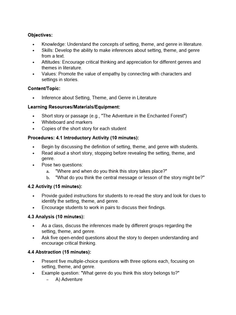 Inference About Setting, Theme, and Genre in Literature | PDF ...