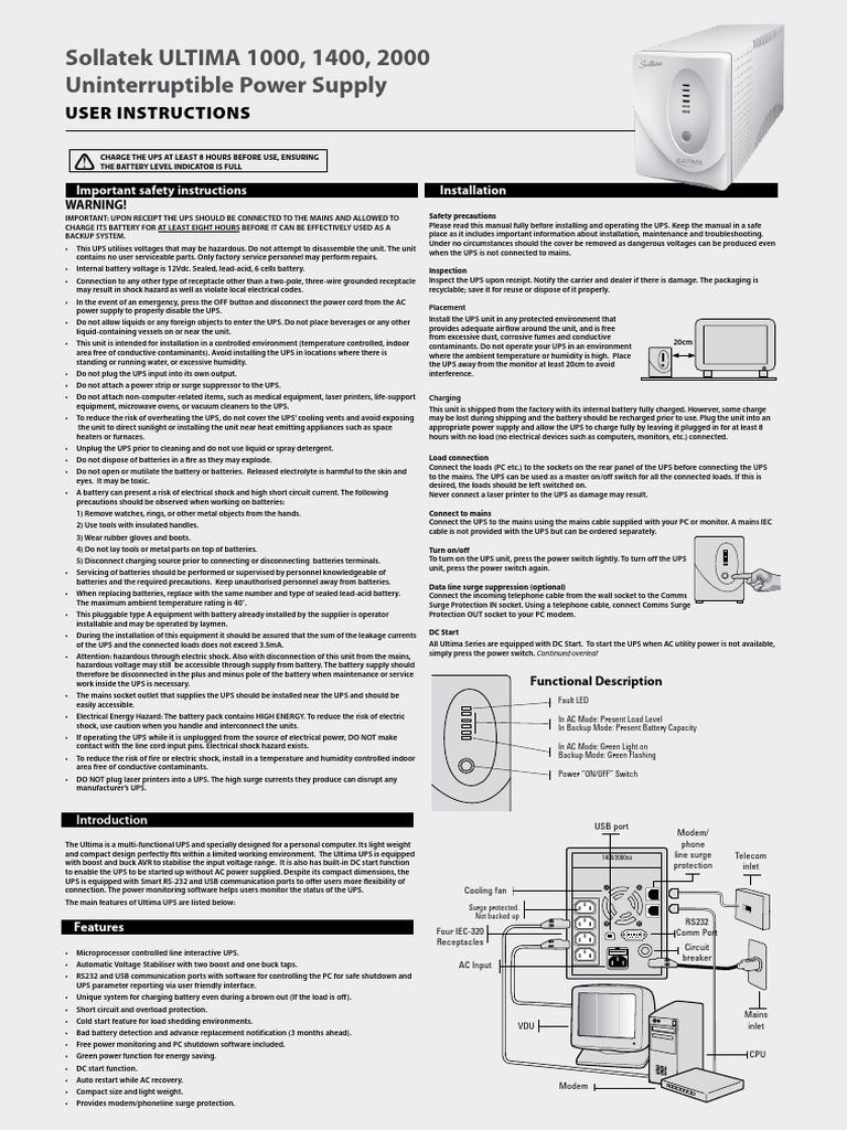 Ultima 1000 1400 2000 User Manual Rev 1 0 Apr07 | PDF | Mains ...