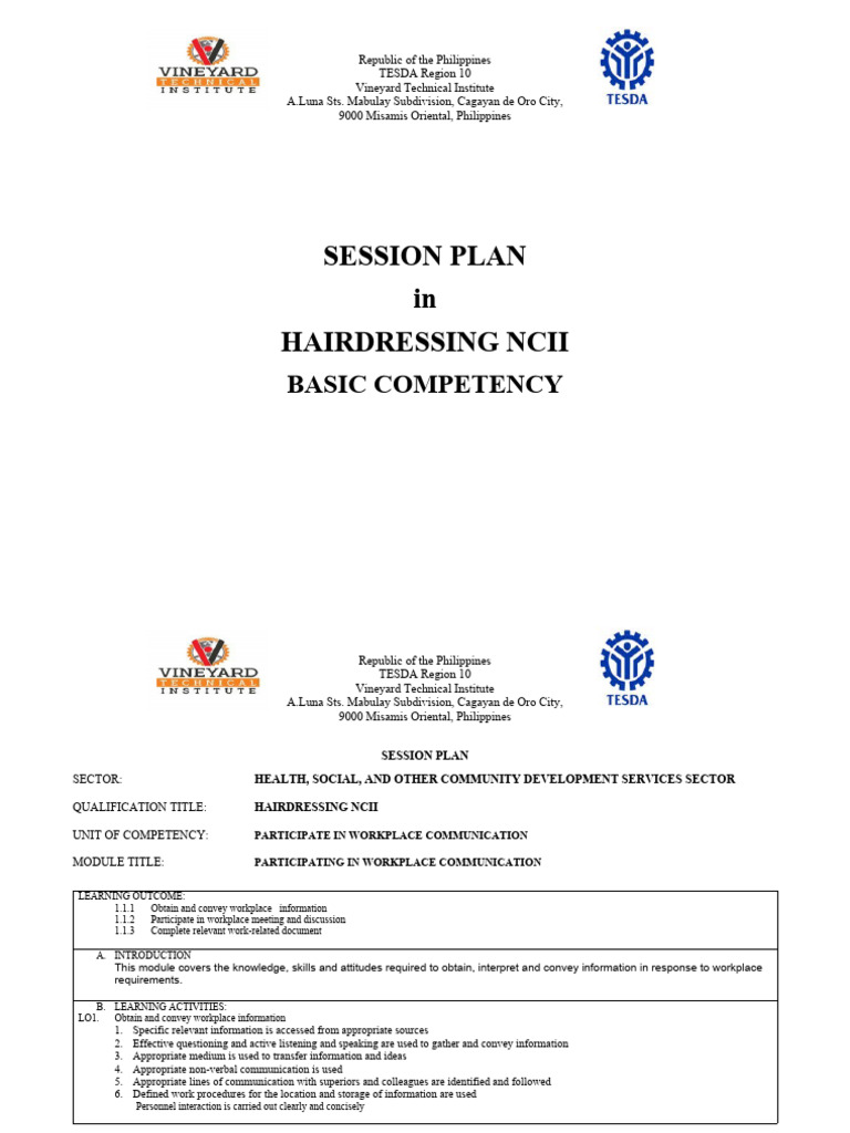 Sessionplan Basiccompetency Hairdressing | PDF | Occupational Safety ...