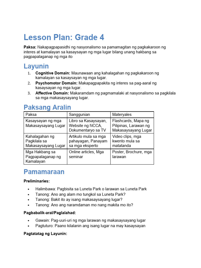Lesson Plan: Grade 4: Layunin | PDF