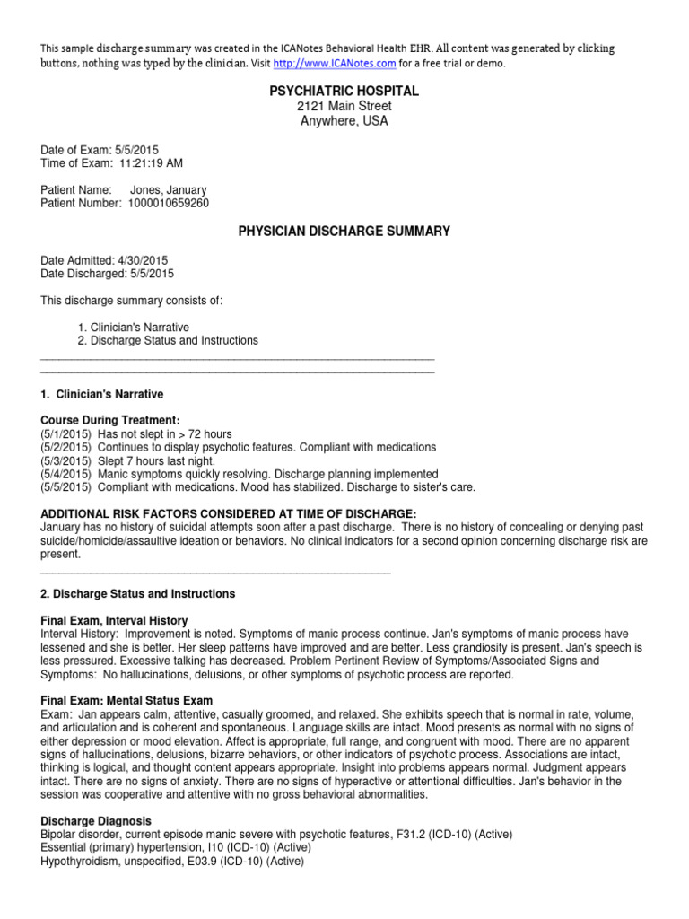 Psychiatric Discharge Summary | PDF | Psychosis | Mania