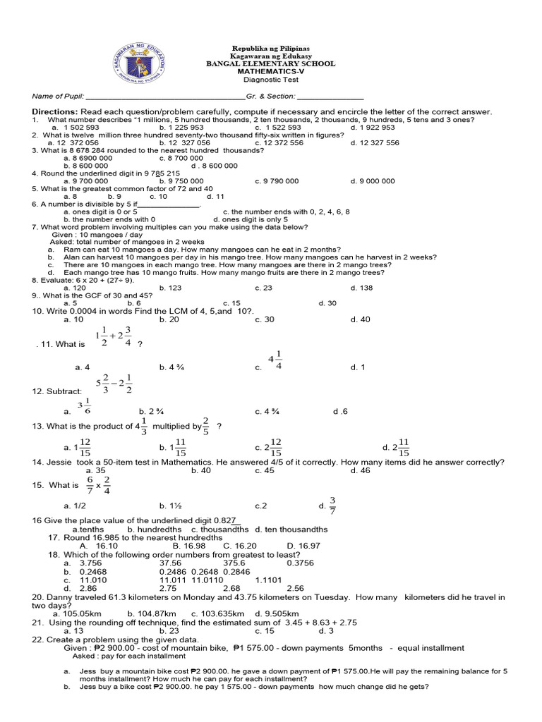 PRE-TEST - MATHEMATICS 5 | PDF | Volume | Diameter