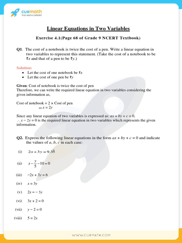 Ncert Solutions Class 9 Math Chapter 4 Linear Equations in Two Variables | PDF | Equations ...