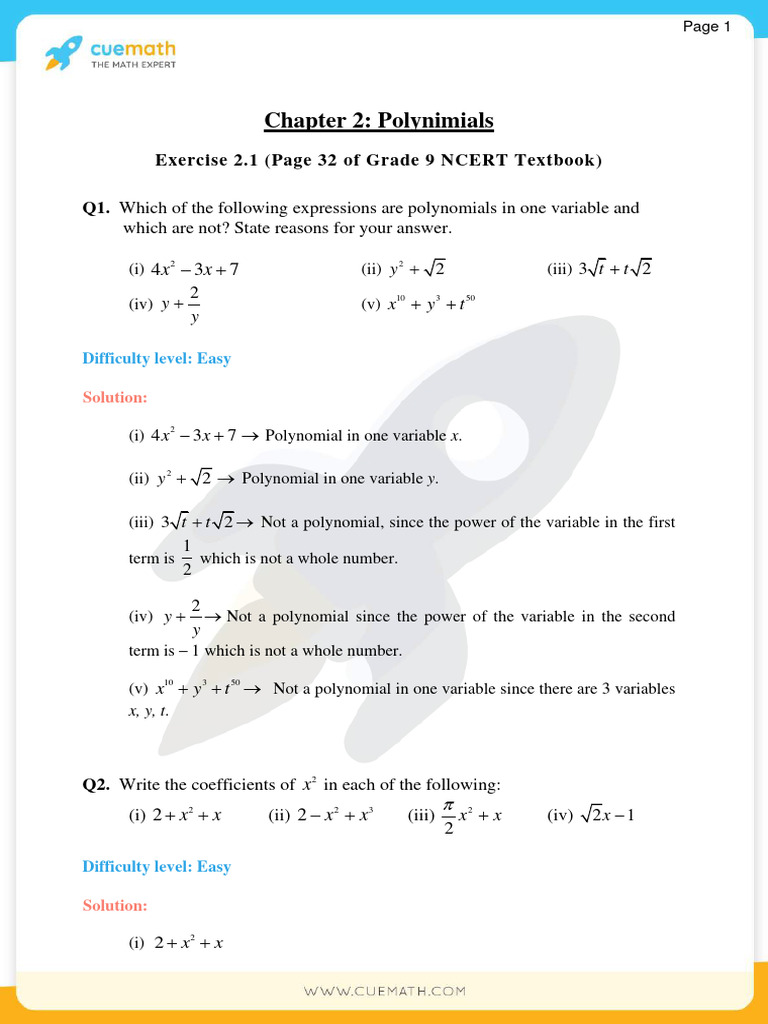 Ncert Solutions Class 9 Math Chapter 2 Polynomials | PDF | Polynomial | Zero Of A Function
