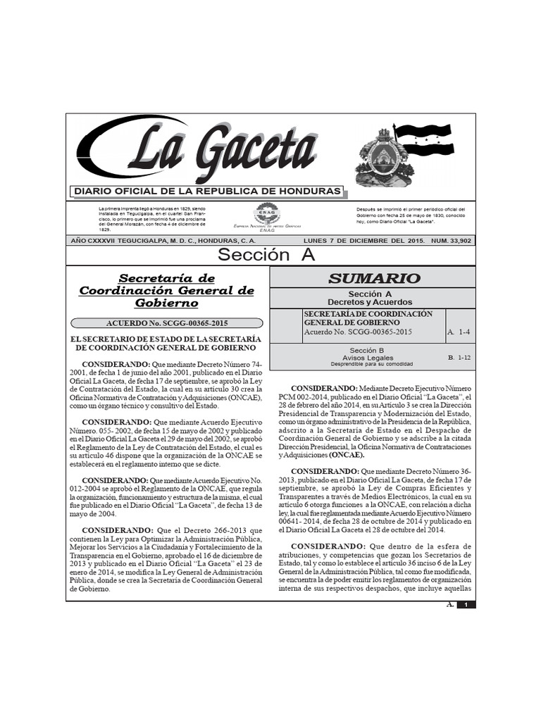 Reglamento ONCAE y Contrataciones Estatales | PDF | Regulación | Honduras