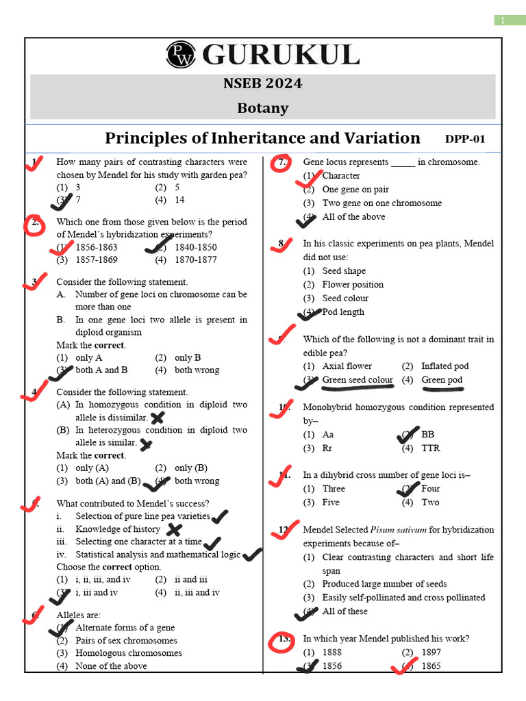 Principle of Inheritance DPP 01 | PDF | Zygosity | Dominance (Genetics)