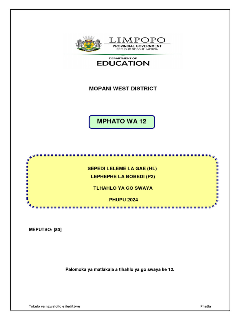 GRADE 12 Sepedi HL P2 MG June Exam 2024 | PDF