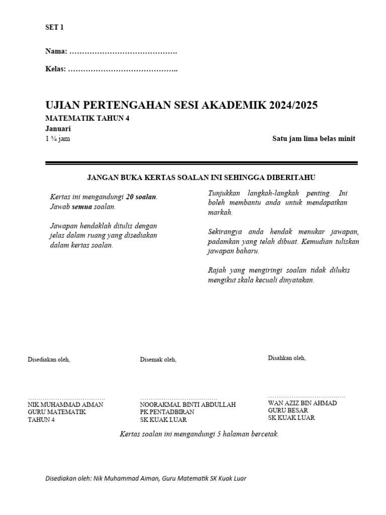 Set Soalan Math Upsa 2024 Tahun 4 | PDF