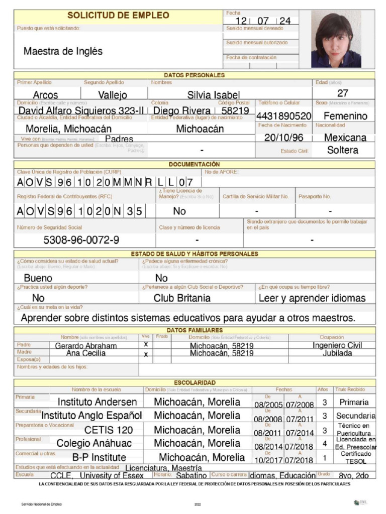 Solicitud de Trabajo Con Foto | PDF
