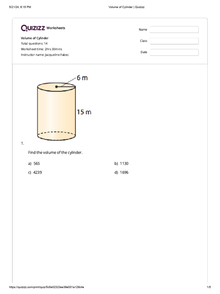 Volume of Cylinder Worksheets | PDF | Volume | Geometry