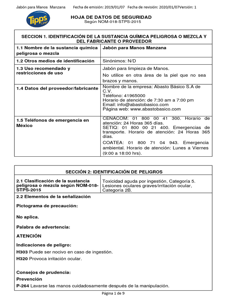 Ficha de Seguridad Jabon Manzana | PDF | Agua | Toxicidad