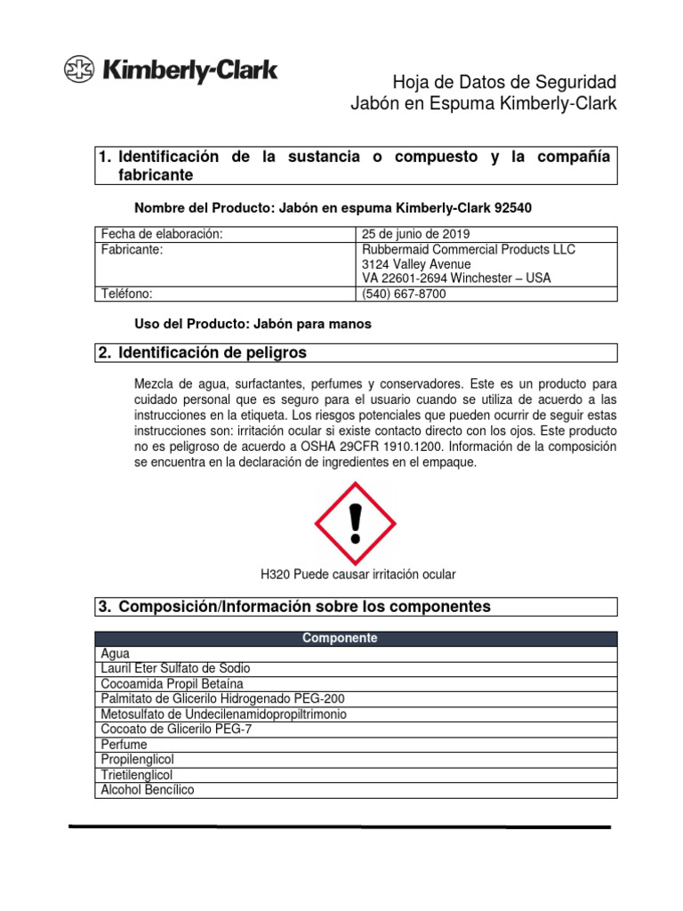 Ficha de Seguridad Jabon en Espuma Kimberly | PDF | Agua | Toxicidad