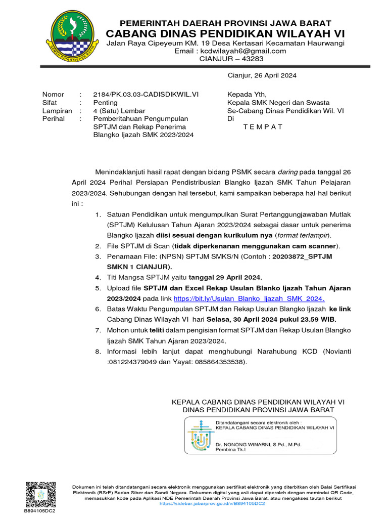 2184-PEMBERITAHUAN PENGUMPULAN SPTJM DAN REKAP PENERIMA IJAZAH SMK TH ...