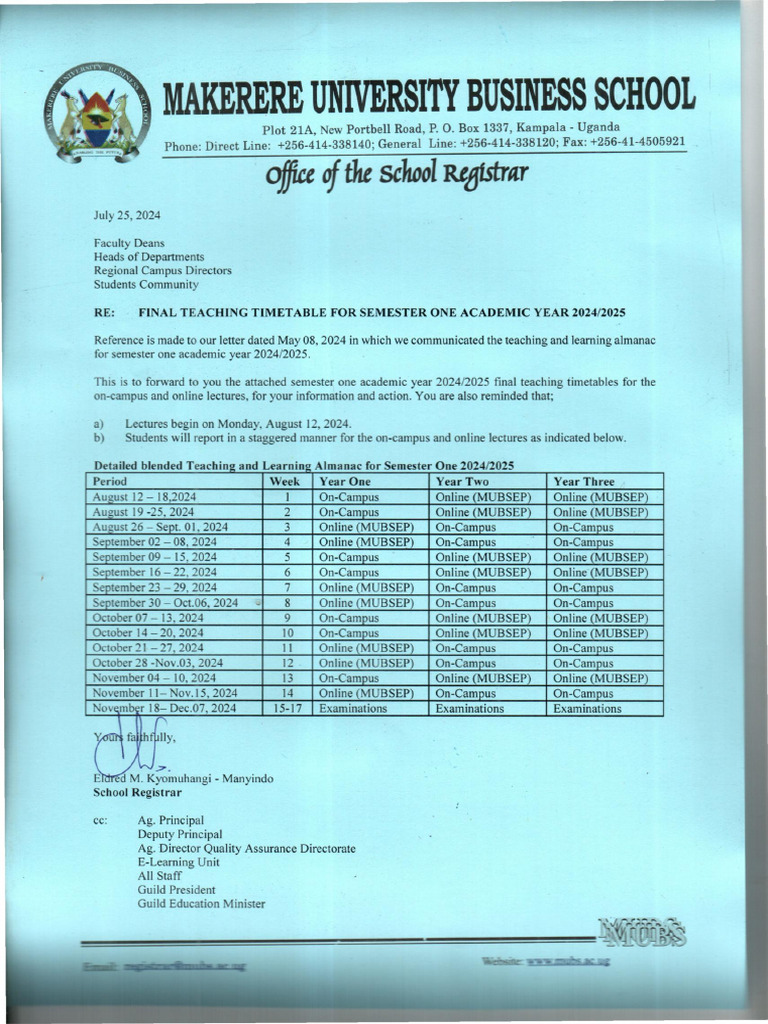 Cover Letter - Final Teaching Timetable For Semester One Academic Year ...