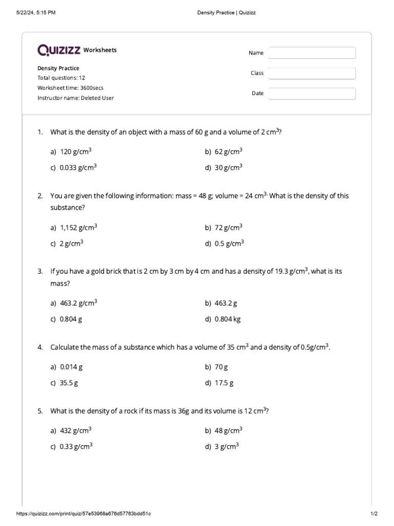 Density Practice - Quizizz | PDF | Density | Volume