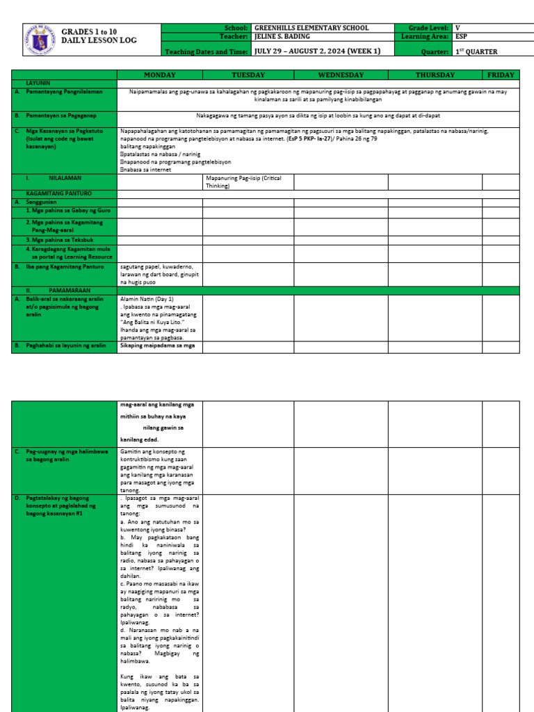 DLL - Esp 5 - Q1 - W1 | PDF