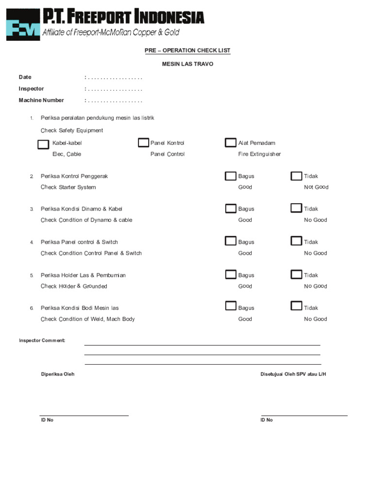 Check List Mesin Las Travo Pdf