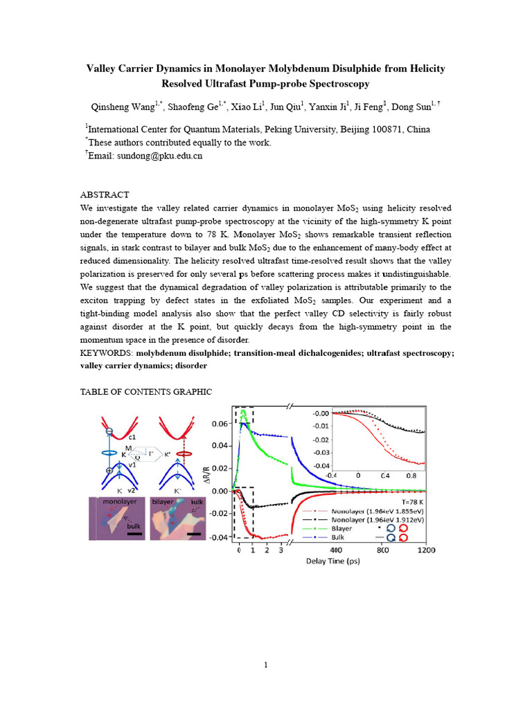 Valley Carrier Dynamics in Monolayer Molybdenum Disulfide From Helicity-Resolved Ultrafast Pump ...