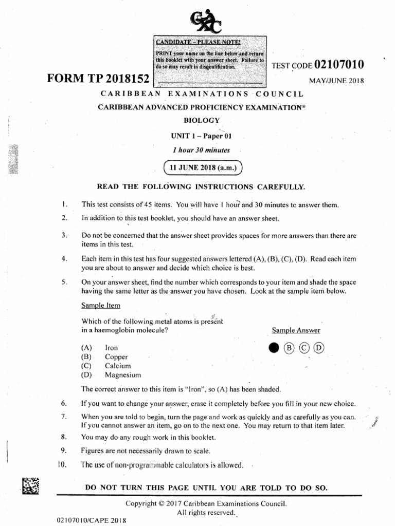 Cape Biology Unit 1 Paper 1 - 2018 | PDF