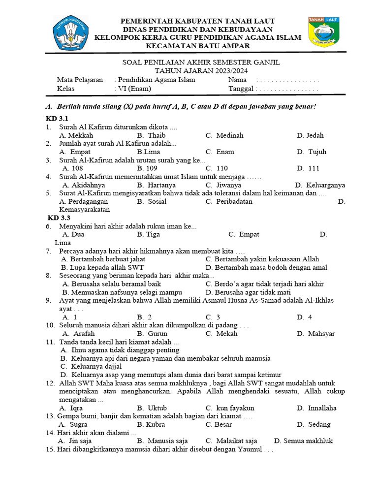 Soal PTS Ganjil PAI Kls Vi | PDF