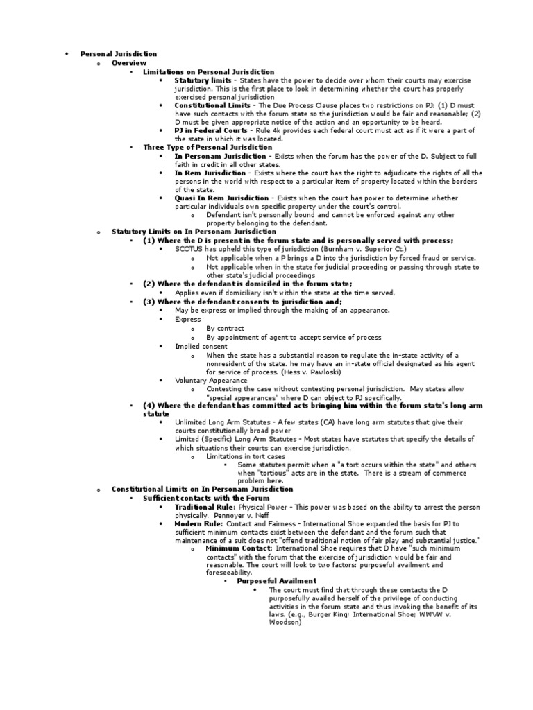 Civil Procedure Outline - 1L | PDF | Personal Jurisdiction | Diversity ...