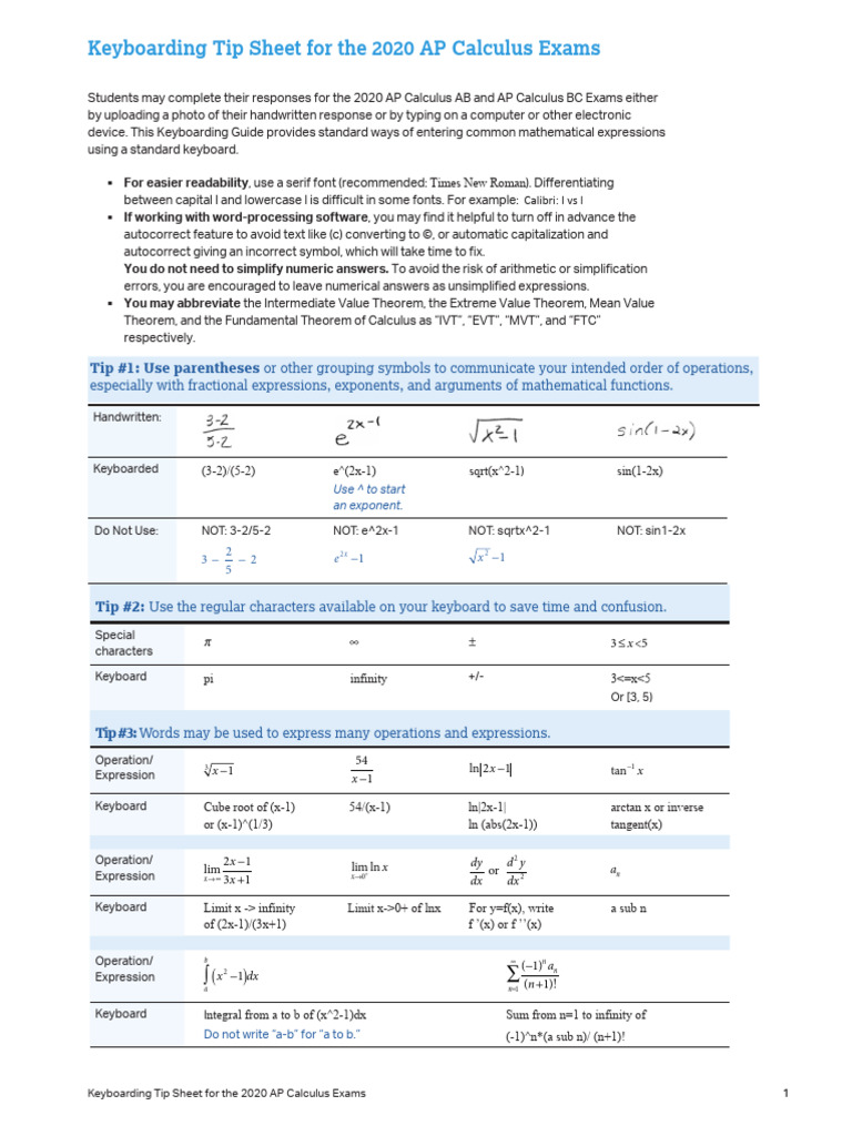 Keyboarding Tips for AP Calculus Exams | PDF | Calculus | Function ...