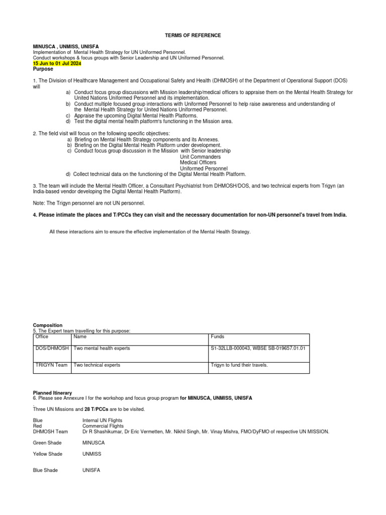 Updated Final TOR MINUSCA UNMISS UNISFA Jun 2024 | PDF | Mental Health ...