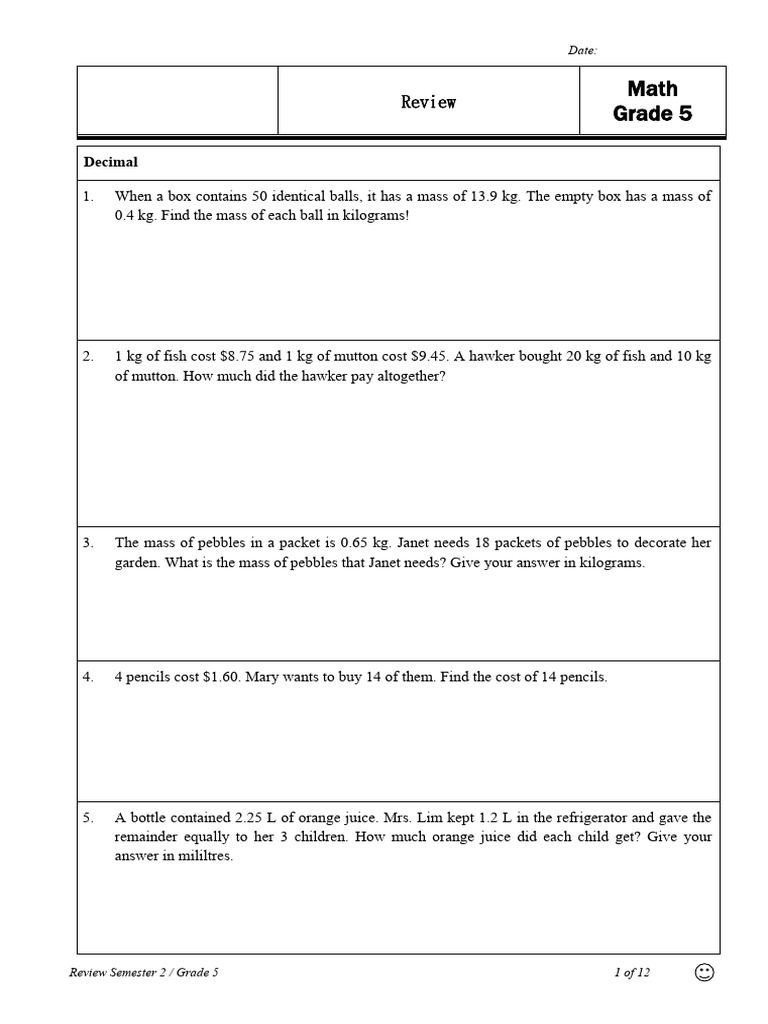 Grade 5 Math Review: Decimals & Percentages | PDF | Bus