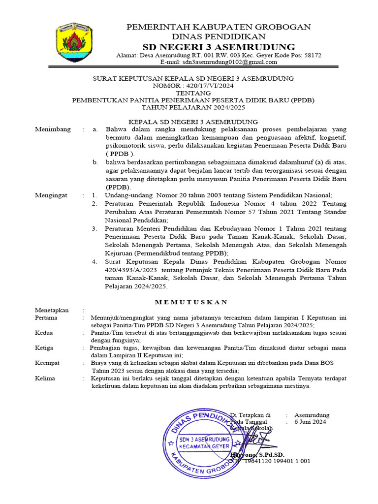 SK Panitia PPDB 2024-2025 | PDF