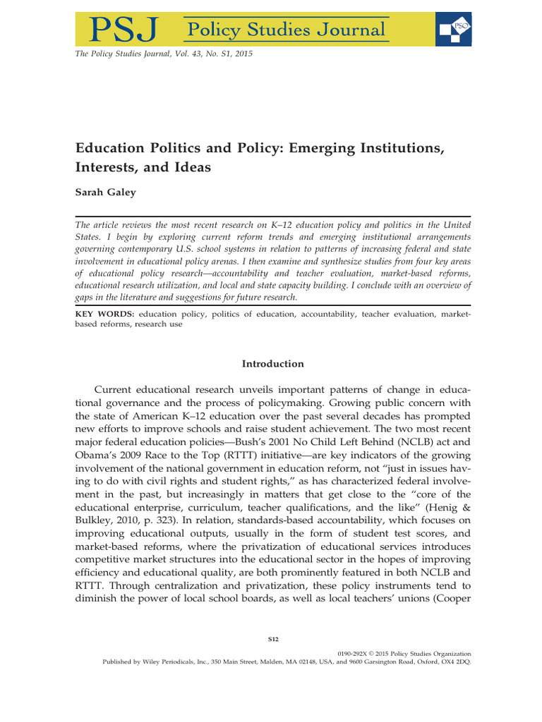 4 Education Politics and Policy Emerging Institutions, Interests, and ...