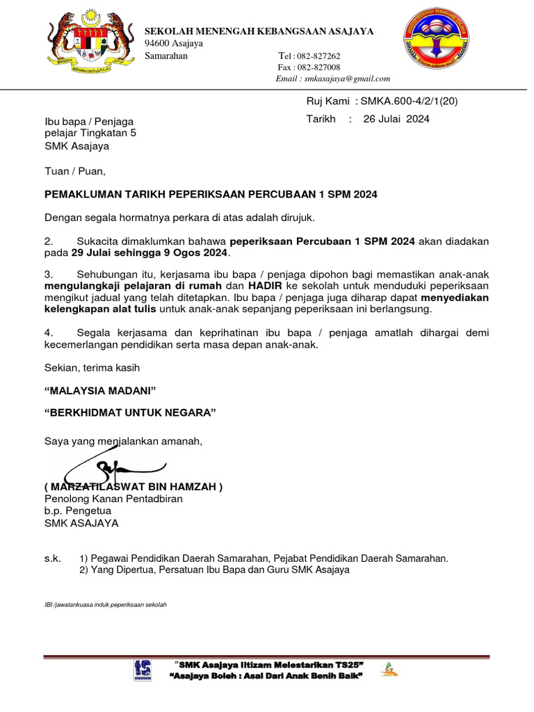 Surat Pemakluman Peperiksaan Percubaan 1 SPM | PDF