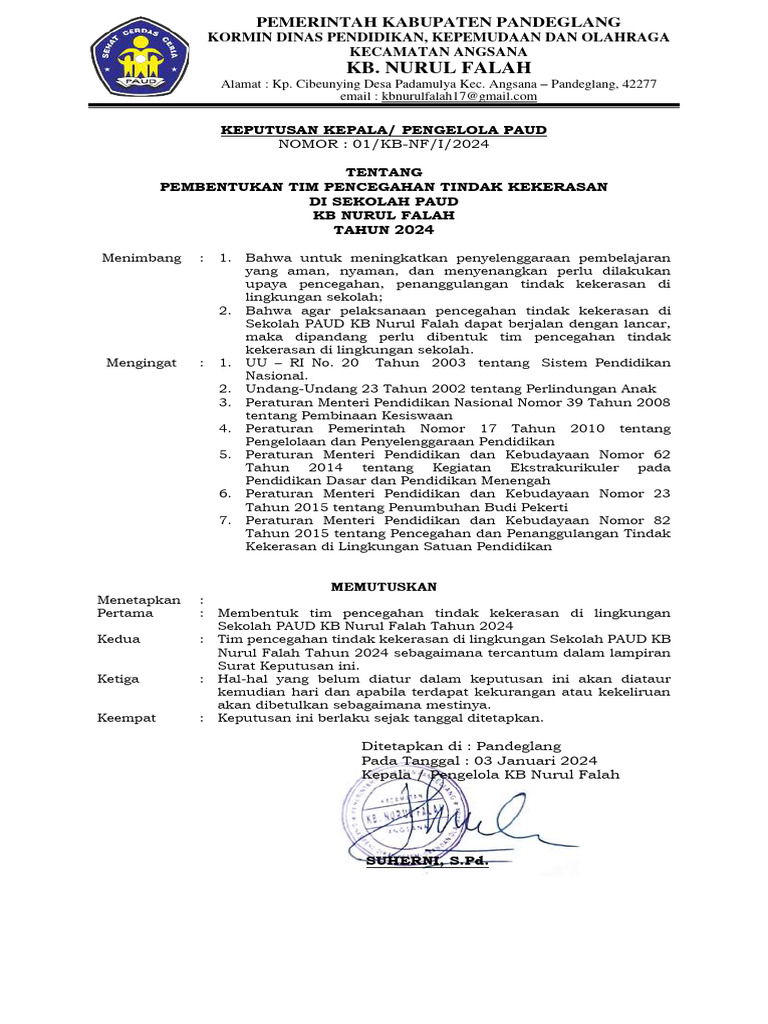 SK Tim Pencegahan Tindak Kekerasan 2024 | PDF